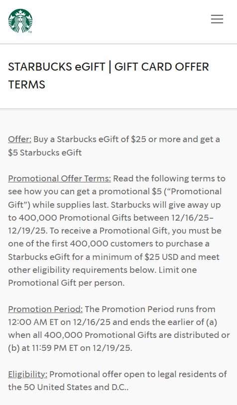 Starbucks eGift 카드 프로모션 $25 이상 구매 시 $5 eGift 카드 추가 증정